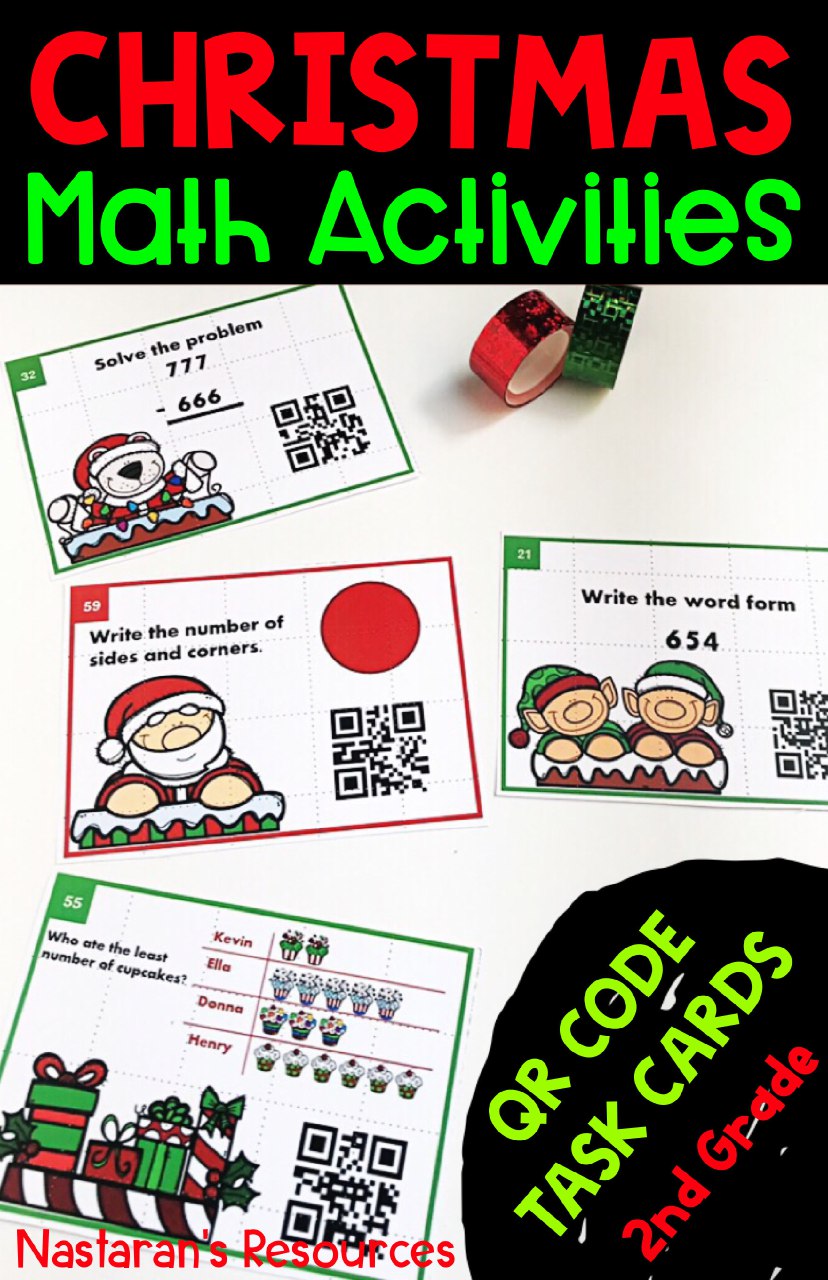 Christmas Math Activities Task Cards For 2nd Grade Self-Checking