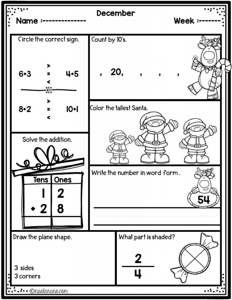Daily Math 1st Grade Worksheets For Christmas Time Freebie