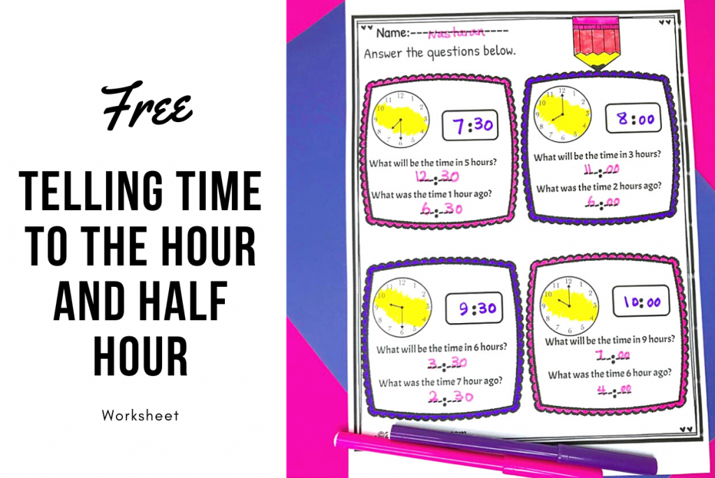 Free Telling Time Worksheet To The Hour and Half Hour